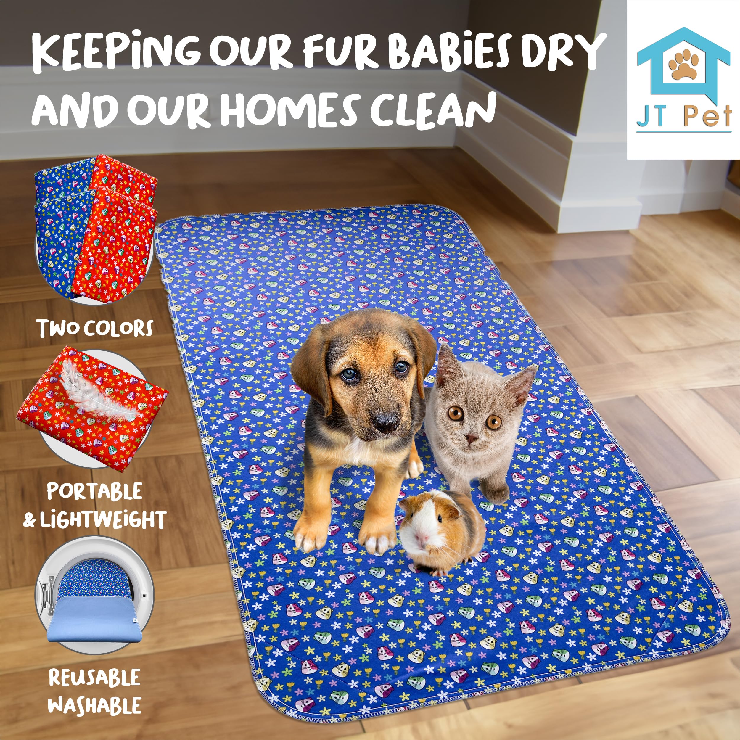 JT Pet Guinea Pig Cage Liner Fleece Cage Liners Puppy Pads Washable Reusable Waterproof Pee Pads Hamster Bedding Extra Large Dog Crate Lining (Set of 4 - 47" x 24") (Blue Red Piggies)
