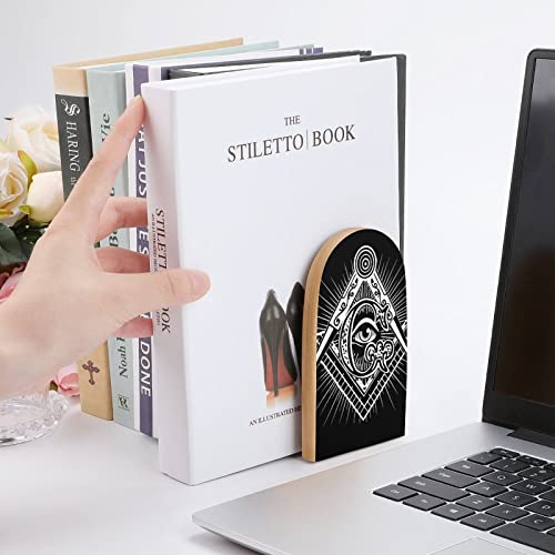 Freemasonry Masonic Masonry Wood Bookends for Shelves Non-Skid Office Book Organizer Stand 1 Pair for Decorative Bookshelf