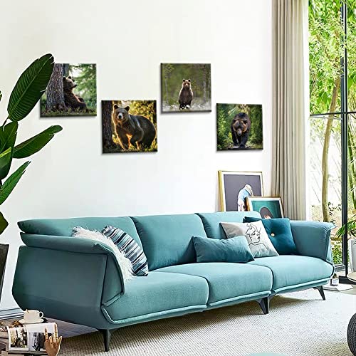 OTOSTAR 4 Pieces Wall Art Canvas Prints - Forest and Bear Picture Painting - Modern Wall Artwork Framed for Gifts Bathroom Home Kitchen Office Decor - 12 x 12 Inch