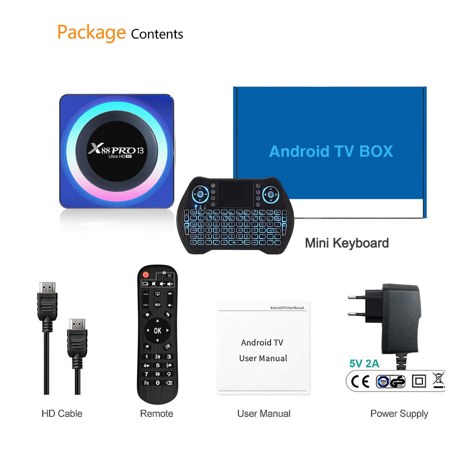Android 13.0 TV Box 4GB 32GB X88 Pro 13 Android TV Box 2024 RK3528 8K Smart TV Box with WiFi 6 2.4G/5.8G USB 3.0 BT 5.0 HDR 10+ with Mini Backlit Keyboard