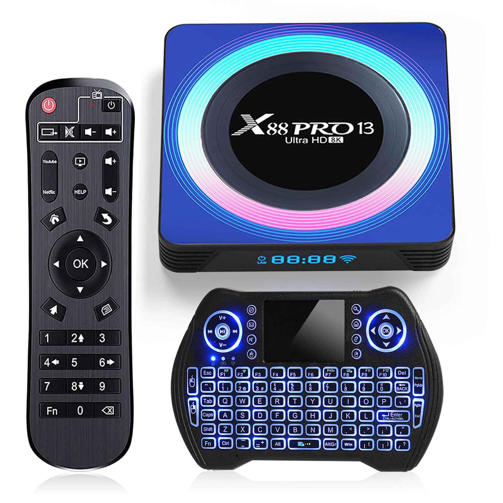 Android 13.0 TV Box 4GB 32GB X88 Pro 13 Android TV Box 2024 RK3528 8K Smart TV Box with WiFi 6 2.4G/5.8G USB 3.0 BT 5.0 HDR 10+ with Mini Backlit Keyboard