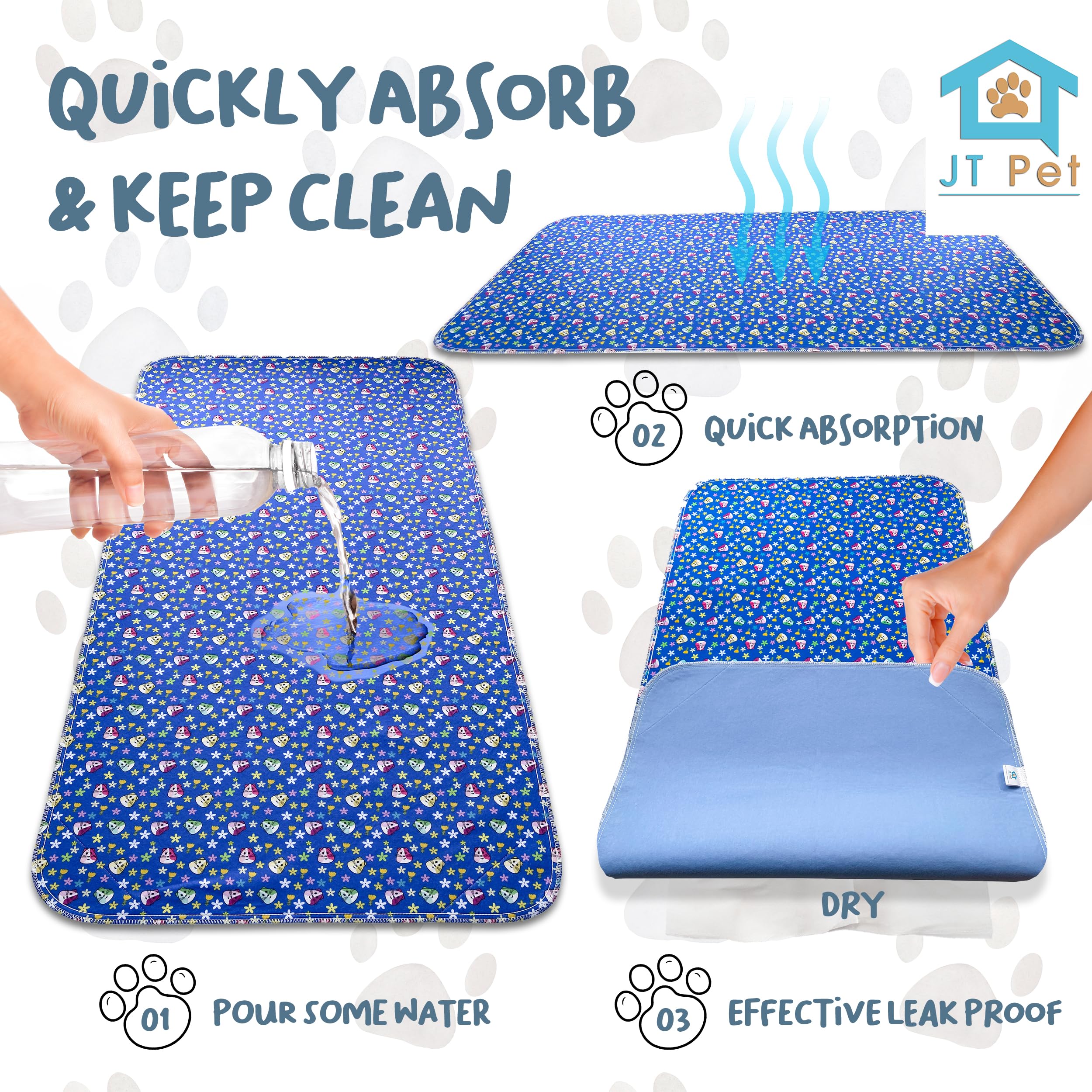 JT Pet Guinea Pig Cage Liner Fleece Cage Liners Puppy Pads Washable Reusable Waterproof Pee Pads Hamster Bedding Extra Large Dog Crate Lining (Set of 4 - 47" x 24") (Blue Red Piggies)