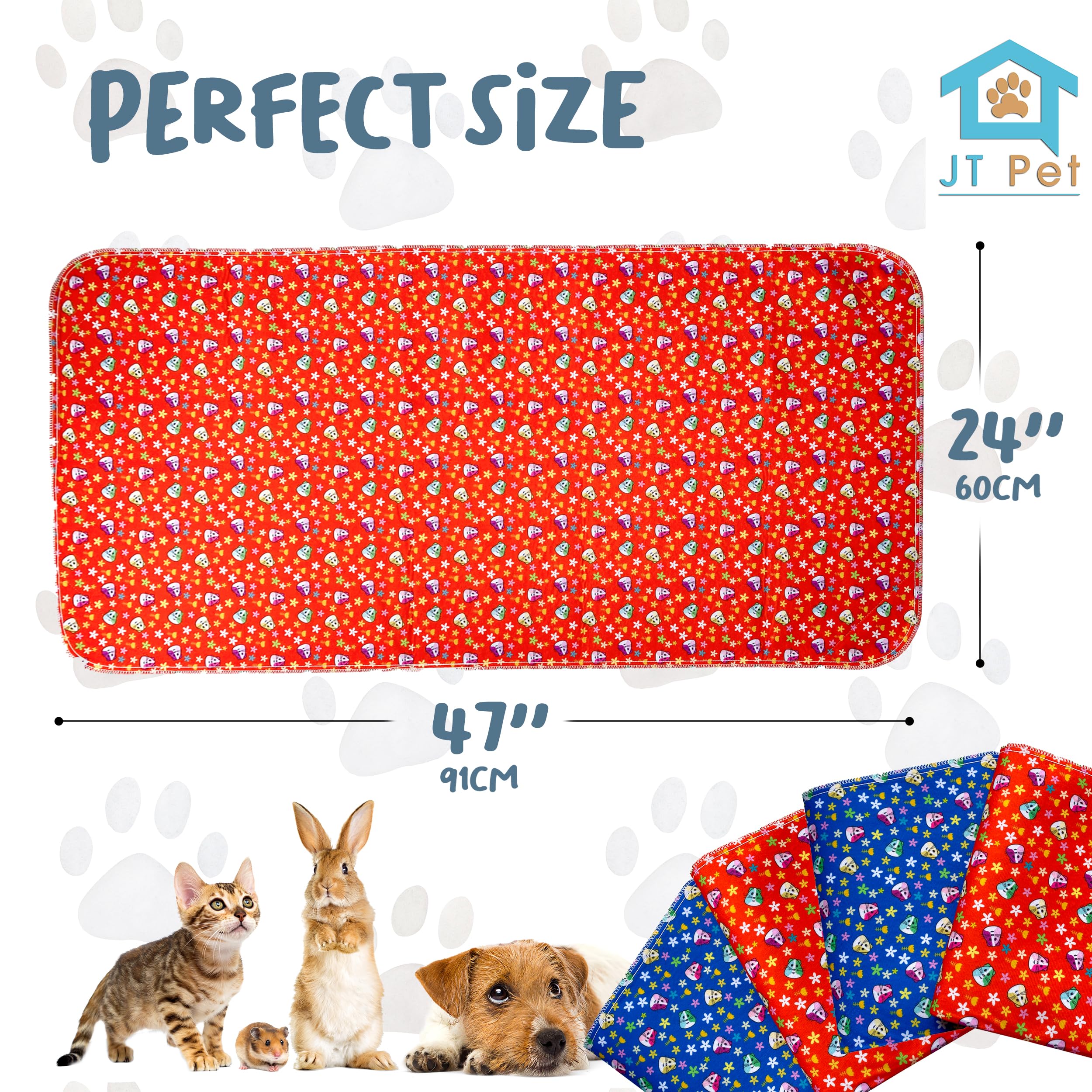 JT Pet Guinea Pig Cage Liner Fleece Cage Liners Puppy Pads Washable Reusable Waterproof Pee Pads Hamster Bedding Extra Large Dog Crate Lining (Set of 4 - 47" x 24") (Blue Red Piggies)