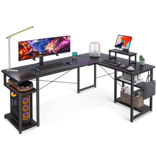 ODK 66" L Shaped Desk Computer Desk with Storage Shelves & PC Stand, Gaming Desk with Monitor Stand, Home Office Writing Desk, Modern Larger Wooden Desk, Black