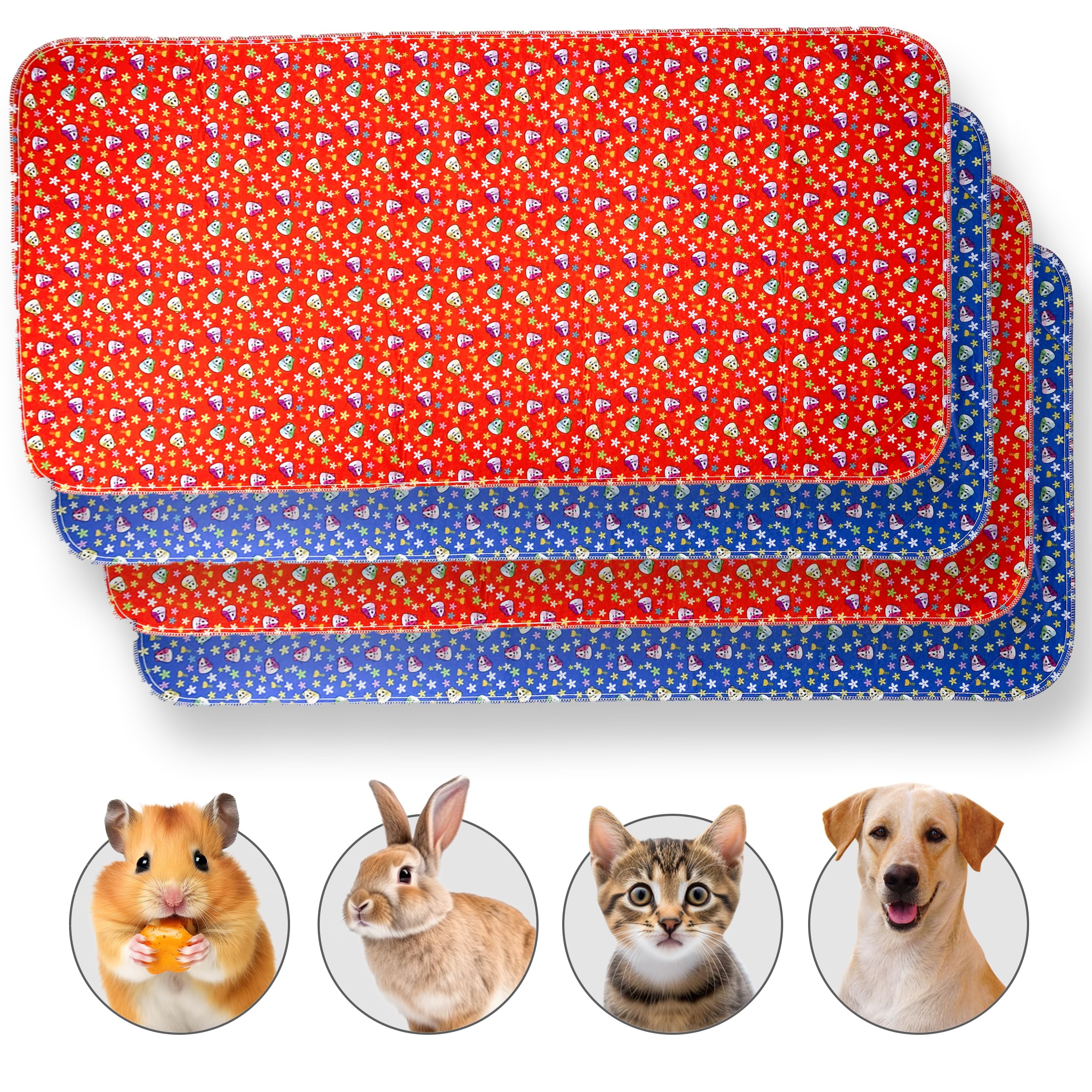 JT Pet Guinea Pig Cage Liner Fleece Cage Liners Puppy Pads Washable Reusable Waterproof Pee Pads Hamster Bedding Extra Large Dog Crate Lining (Set of 4 - 47" x 24") (Blue Red Piggies)