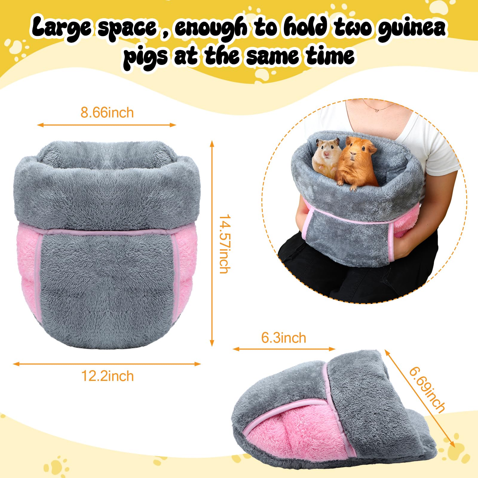 Wenqik 2 Pcs Guinea Pig Bed Cuddle Warm Hideout Small Animal Sack Cozy House Bedding Sleeping Cushion Portable Pet Carrier Cage Nest for Rabbit Hamster Rat (Gray, Pink,Plain)