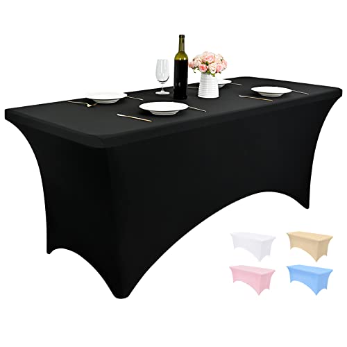 Yastouay 8ft Stretch Table Cloth Spandex Table Cover Tight Fitted for 8ft Rectangular Tables Black Washable Tablecloths for Party, Wedding, Banquet, Outdoor (Black, 8 Ft)