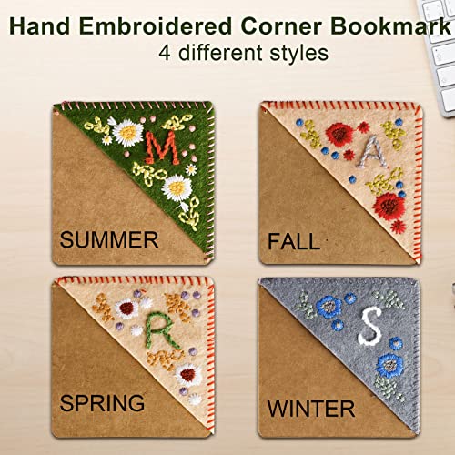 School Supplies 4PCS Hand Embroidered Corner Bookmark Hand Stitched Felt Corner Bookmark Letter Embroidery Bookmarks Felt Triangle Bookmark Gifts for Women Kids Teachers Students Book Lovers