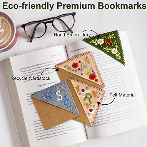 School Supplies 4PCS Hand Embroidered Corner Bookmark Hand Stitched Felt Corner Bookmark Letter Embroidery Bookmarks Felt Triangle Bookmark Gifts for Women Kids Teachers Students Book Lovers