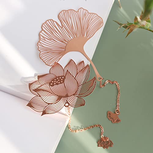 2 Pcs Hollow Metal Bookmarks Retro Flowers Leaves Reading Markers with Chinese Knot Tassel for Students Teachers Gift Giving Rose Gold Lotus Ginkgo