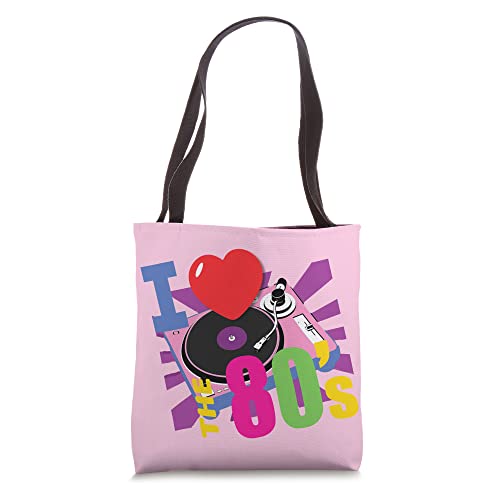 I Love 80's Retro Pink Record Player Fun Vinyl Theme Pink Tote Bag