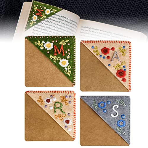 School Supplies 4PCS Hand Embroidered Corner Bookmark Hand Stitched Felt Corner Bookmark Letter Embroidery Bookmarks Felt Triangle Bookmark Gifts for Women Kids Teachers Students Book Lovers