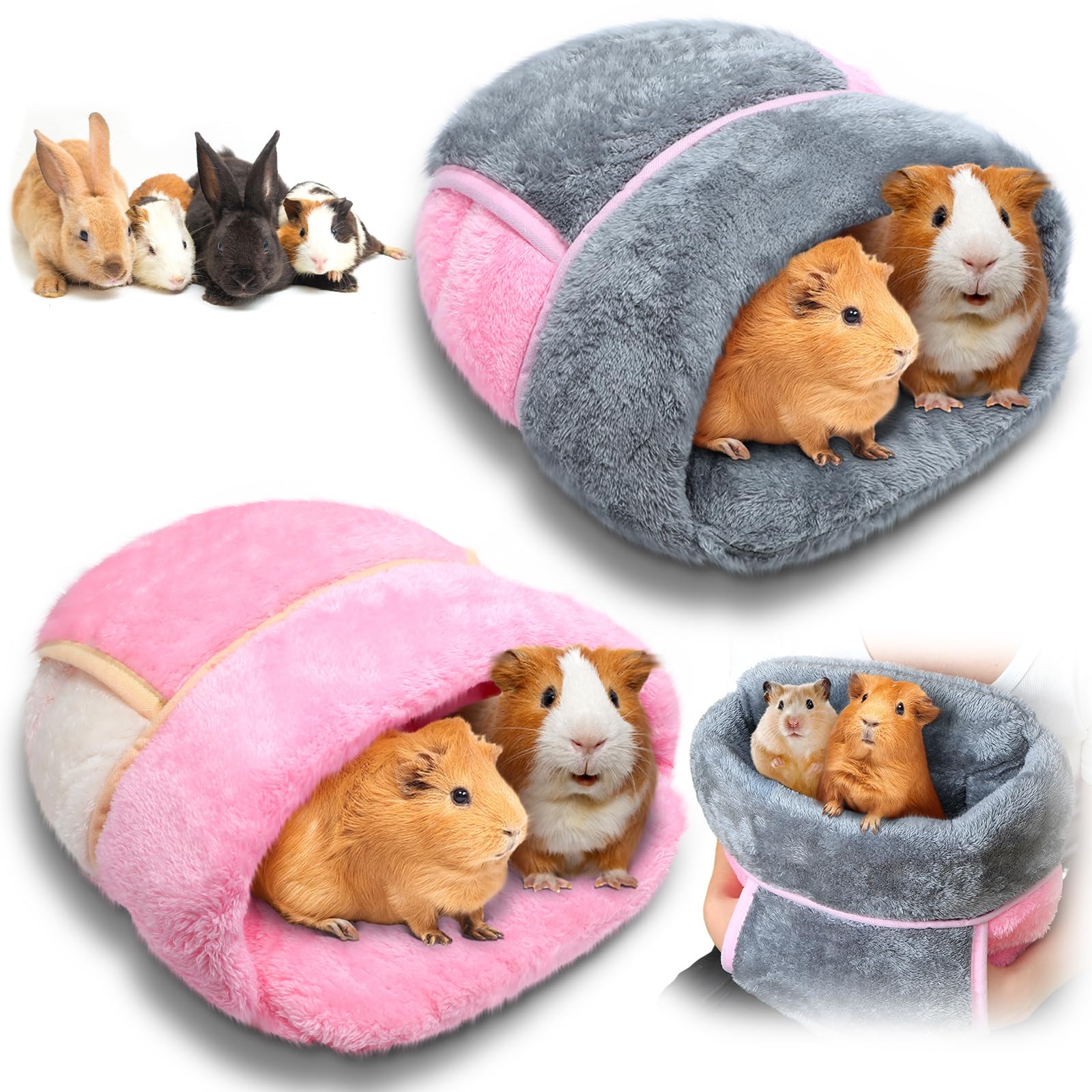 Wenqik 2 Pcs Guinea Pig Bed Cuddle Warm Hideout Small Animal Sack Cozy House Bedding Sleeping Cushion Portable Pet Carrier Cage Nest for Rabbit Hamster Rat (Gray, Pink,Plain)