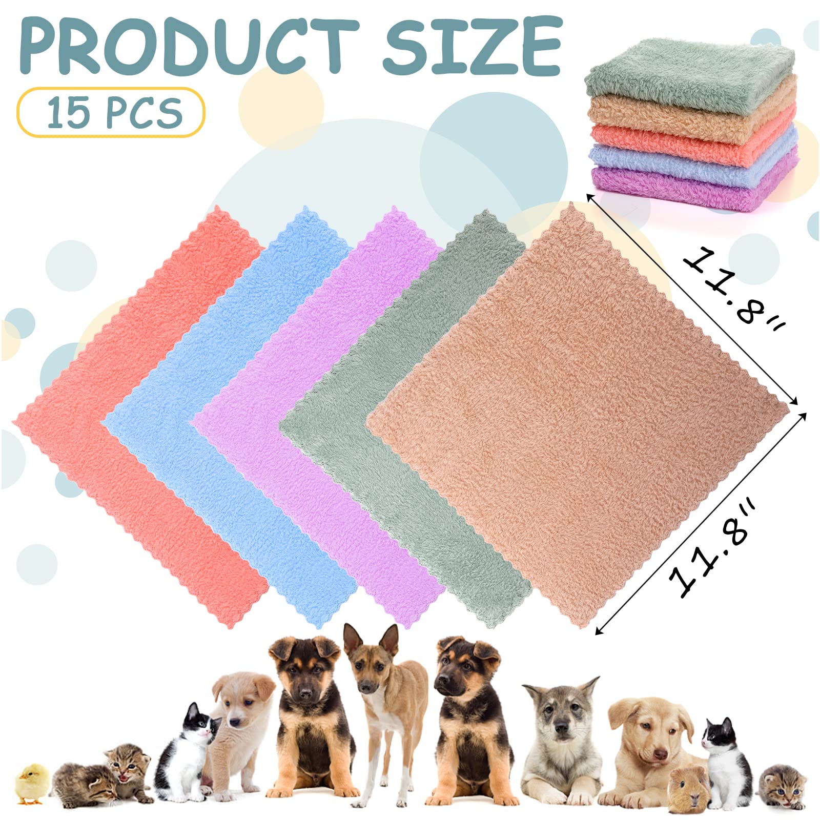 Lyellfe 15 Pieces Guinea Pigs Mat, Soft Hamster Fleece Cage Liners, Small Animals Bedding Mats Bath Towel for Dog Puppy Cat, 11.8 x 11.8 Inch, Mixed Colors