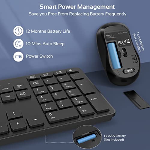 Wireless Keyboard and Mouse, Keyboard and Mouse Wireless Quiet Full Size Ergonomic Keyboard Mouse Comb with Number Pad for Computer,Laptop, Desktop, PC by Deeliva (Black)