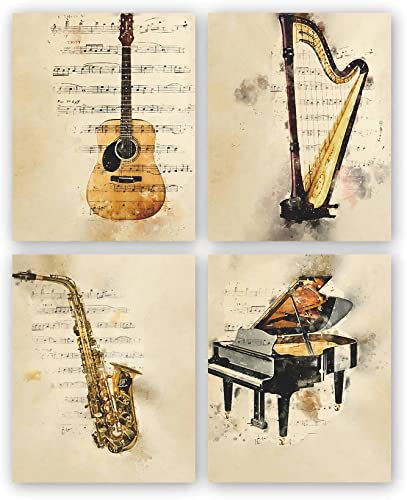 Vintage Music Note Wall Art Prints, Retro Musical Instrument Art Posters for Music Studio Decor, Guitar Harp Piano Saxophone Canvas Art Painting, Gifts for Music Lovers, Set of 4-(8"x10" Unframed)