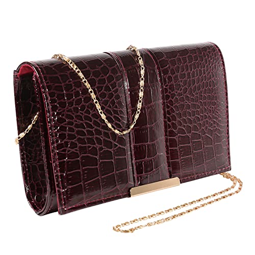 Women's Burgundy Evening Clutch Faux Crocodile Skin Crossbody Flap Bag with Chain Strap