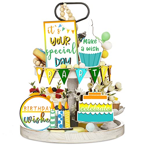 BBTO 12 Pieces Birthday Tiered Tray Decor Farmhouse Tiered Tray Decor for Birthday Decor Colorful Birthday Party Supplies Wooden Happy Bday Table Decorations