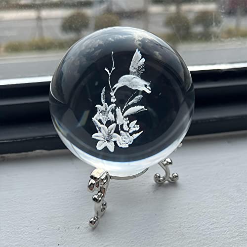 HDCRYSTALGIFTS 3D Hummingbird Crystal Ball Paperweight 60mm(2.3Inch) Laser Engraved Glass Sphere Display Globe Meditation Ball Home Decor with Metal Stand