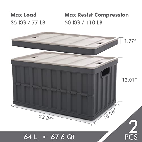 Citylife 64L Collapsible Storage Bins with Lids Plastic Storage Containers for Organizing Stackable Storage Box Large Heavy Duty Utility Crates, 2 Packs