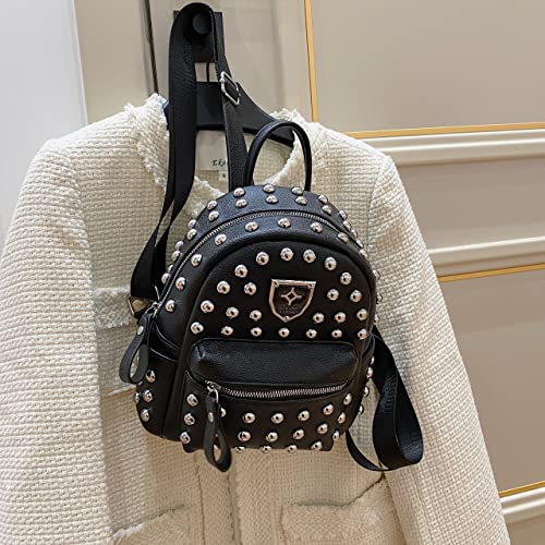 GEEMONT Women Small Backpack Rivets Studded Leather Purse Gothic Daypack Satchel Multipurpose Tote Handbag (Black)
