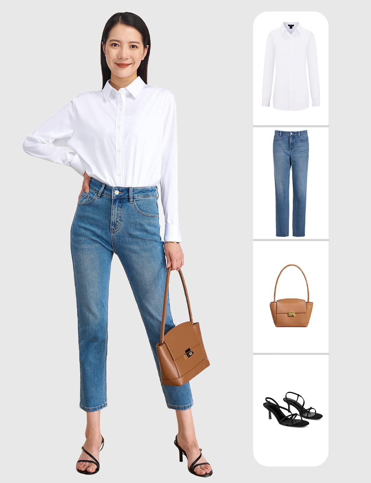 Tapata Women's Classic Button-Down Blouse Formal Work Dress Fitted Shirts Collared Long Sleeve Business Top, White, Large