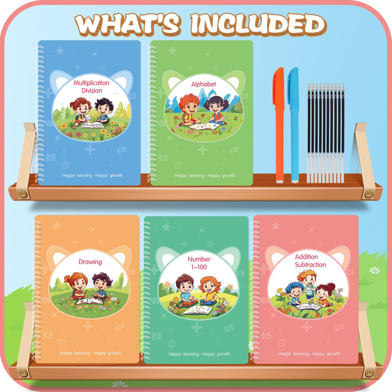 Learn-Journey Magic Practice Copybook for Kids, Reusable Writing Practice Book for Kids, Reusable Copybook Preschool for Kids Age 3-8 Calligraphy(5 Books with Pens)