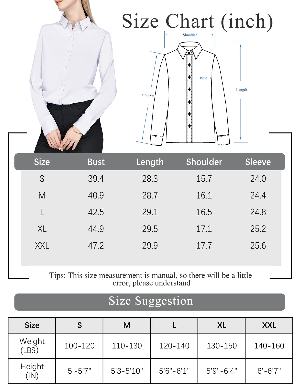 Tapata Women's Classic Button-Down Blouse Formal Work Dress Fitted Shirts Collared Long Sleeve Business Top, White, Large