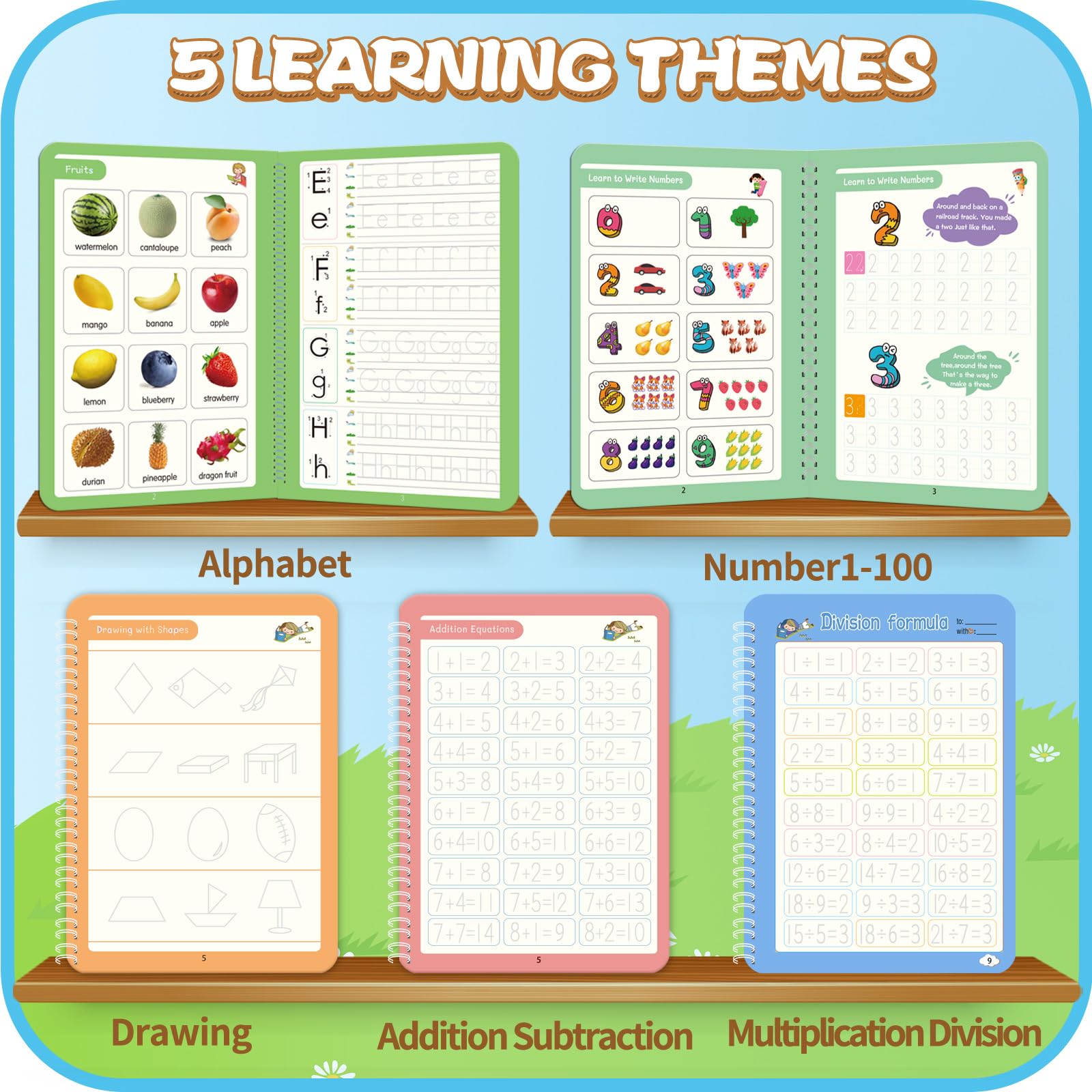 Learn-Journey Magic Practice Copybook for Kids, Reusable Writing Practice Book for Kids, Reusable Copybook Preschool for Kids Age 3-8 Calligraphy(5 Books with Pens)