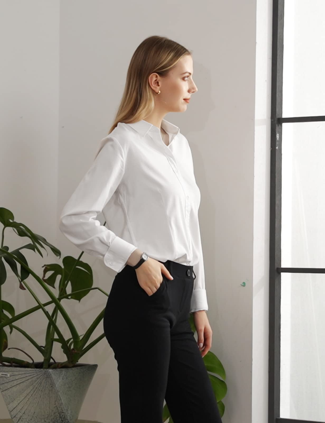 Tapata Women's Classic Button-Down Blouse Formal Work Dress Fitted Shirts Collared Long Sleeve Business Top, White, Large