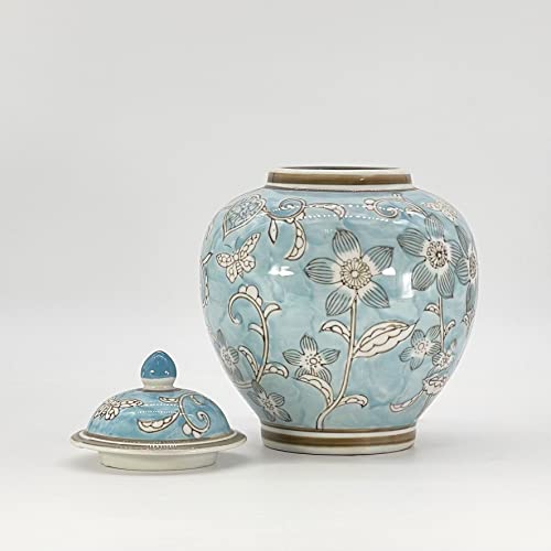 Galt International Light Blue and White Floral Chinoiserie Jar 10" w/Lid - Ginger Jar, Tea Storage, Decorative, Home Décor Jar (Light Blue & White)