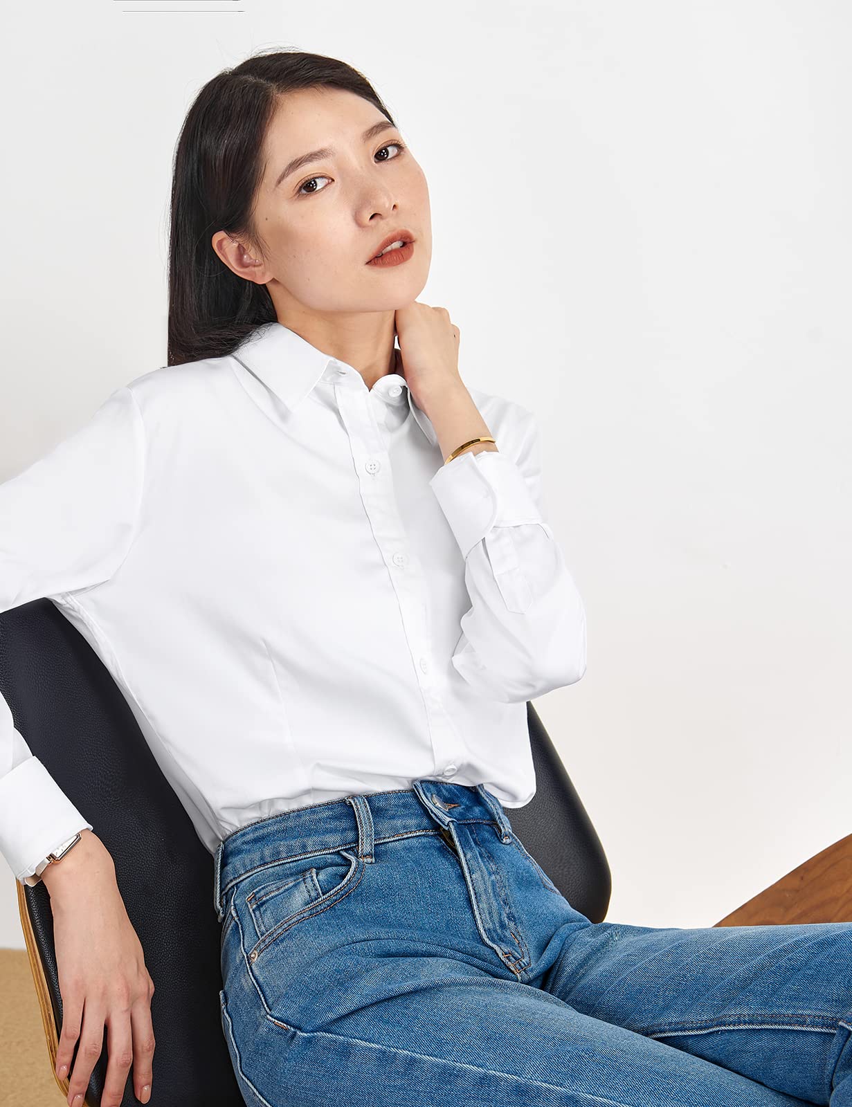 Tapata Women's Classic Button-Down Blouse Formal Work Dress Fitted Shirts Collared Long Sleeve Business Top, White, Large