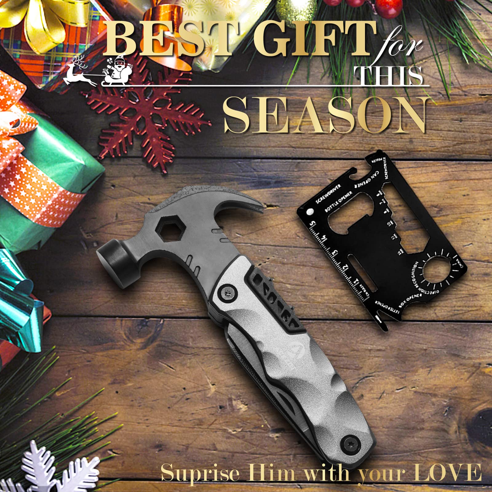 ACKZOT Hammer Multitool + 16 in 1 Card Multitool Set, Multi-Functional Camping Accessories, Men’s Gift, Unique Birthday Gift and Cool Gadgets for Him Dad Husband Boyfriend, Stocking Stuffers for Men