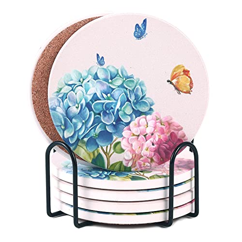 Newsparkle Hydrangeas Coasters,Flower Coasters,Floral Coasters Absorbent, Set of 6 Ceramic Cock Coasters,4 Inch