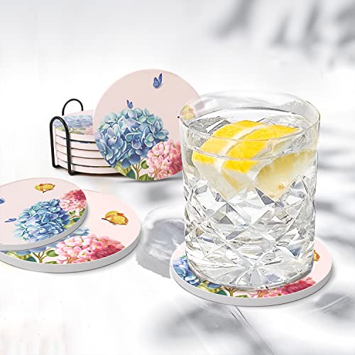 Newsparkle Hydrangeas Coasters,Flower Coasters,Floral Coasters Absorbent, Set of 6 Ceramic Cock Coasters,4 Inch