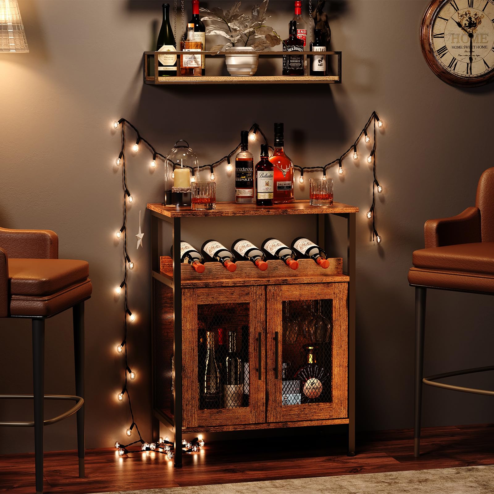 X-cosrack Wine Bar Rack Cabinet with Detachable Wine Rack, Coffee Bar Cabinet with Glass Holder, Small Sideboard and Buffet Cabinet with Mesh Door, Rustic Brown(Patent Pending)