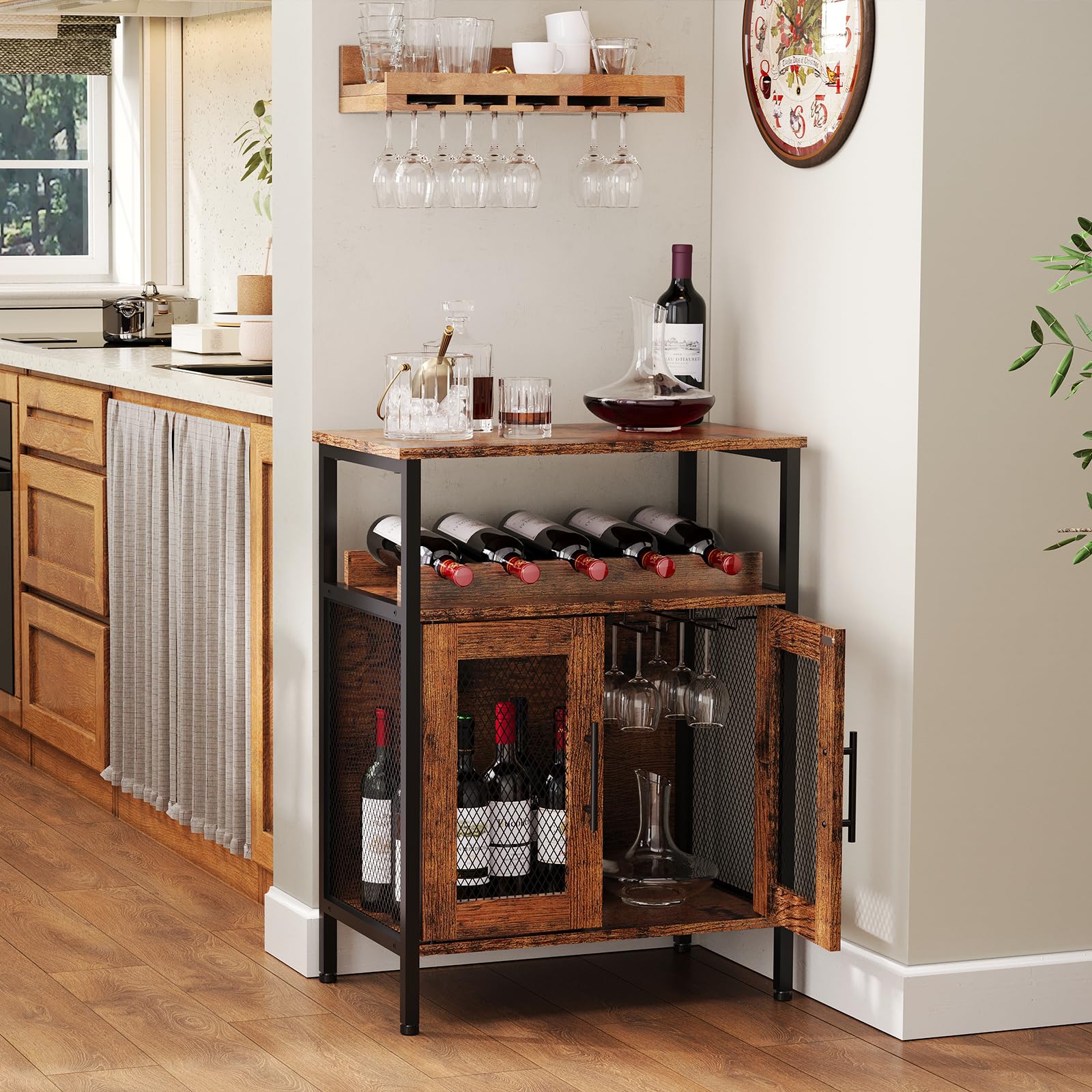 X-cosrack Wine Bar Rack Cabinet with Detachable Wine Rack, Coffee Bar Cabinet with Glass Holder, Small Sideboard and Buffet Cabinet with Mesh Door, Rustic Brown(Patent Pending)