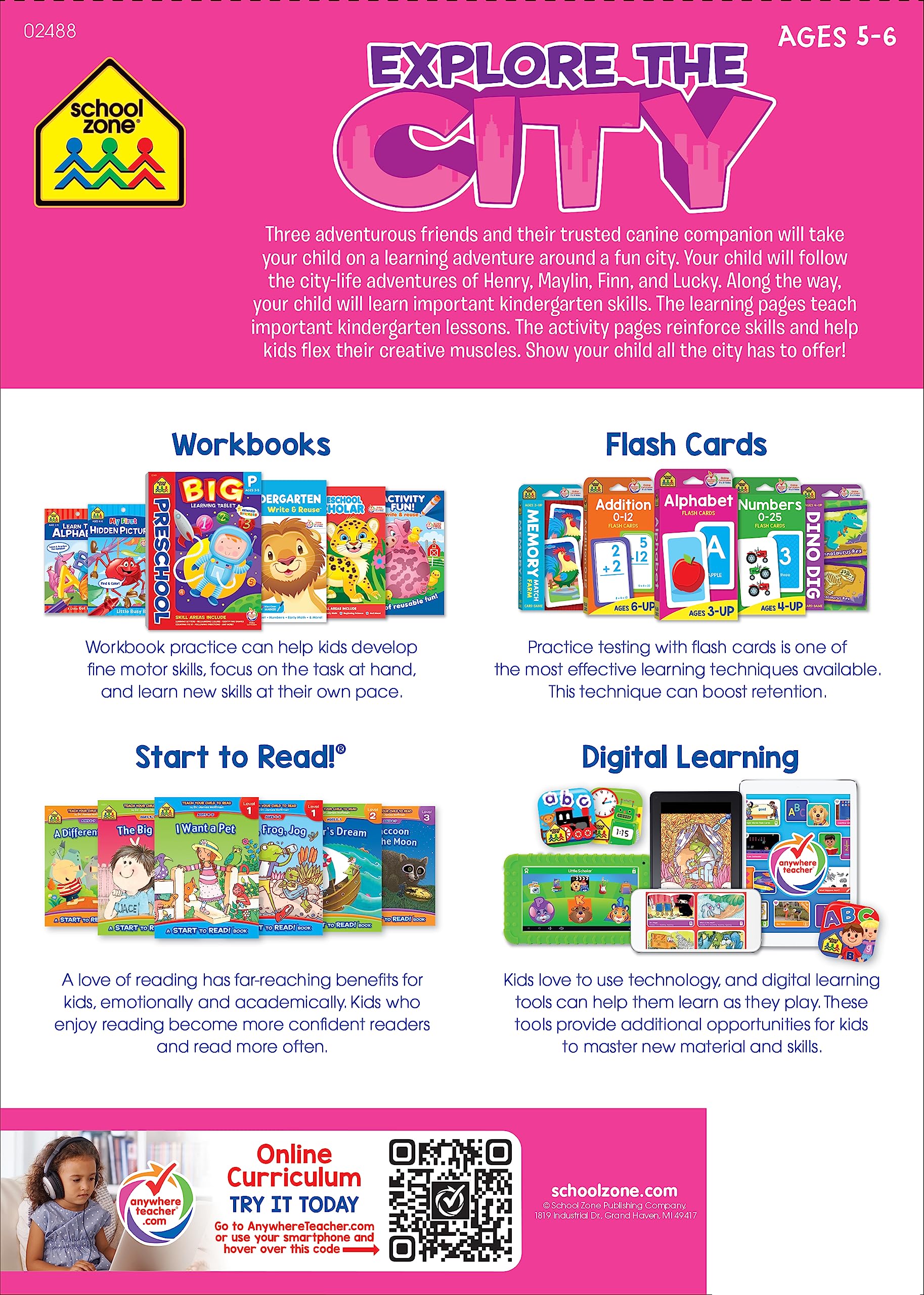 School Zone - Explore the City Kindergarten Learning Workbook - 240 Pages, Ages 5 to 6, Stickers, Alphabet, ABCs, Search & Find, and More (Easy-Tear Top Bound Pad)