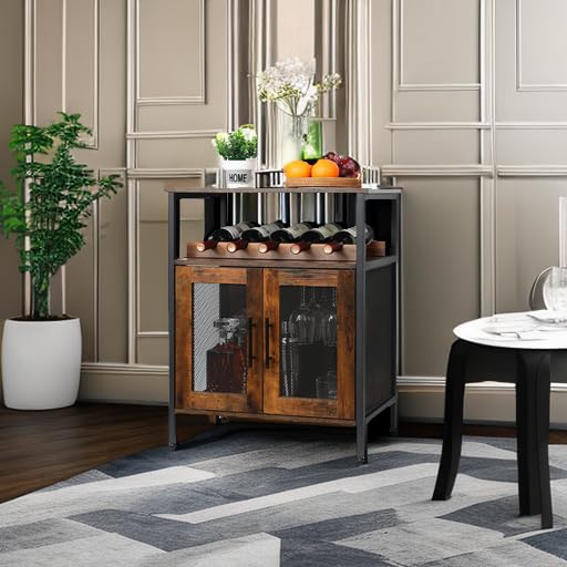 X-cosrack Wine Bar Rack Cabinet with Detachable Wine Rack, Coffee Bar Cabinet with Glass Holder, Small Sideboard and Buffet Cabinet with Mesh Door, Rustic Brown(Patent Pending)