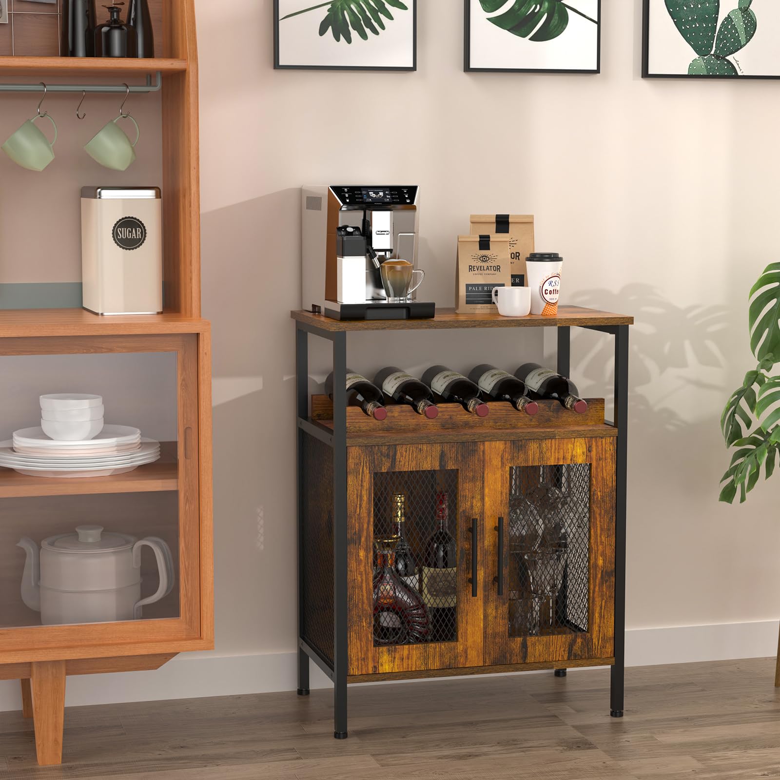 X-cosrack Wine Bar Rack Cabinet with Detachable Wine Rack, Coffee Bar Cabinet with Glass Holder, Small Sideboard and Buffet Cabinet with Mesh Door, Rustic Brown(Patent Pending)