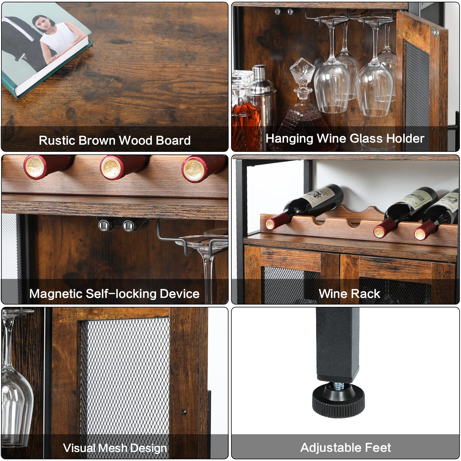 X-cosrack Wine Bar Rack Cabinet with Detachable Wine Rack, Coffee Bar Cabinet with Glass Holder, Small Sideboard and Buffet Cabinet with Mesh Door, Rustic Brown(Patent Pending)