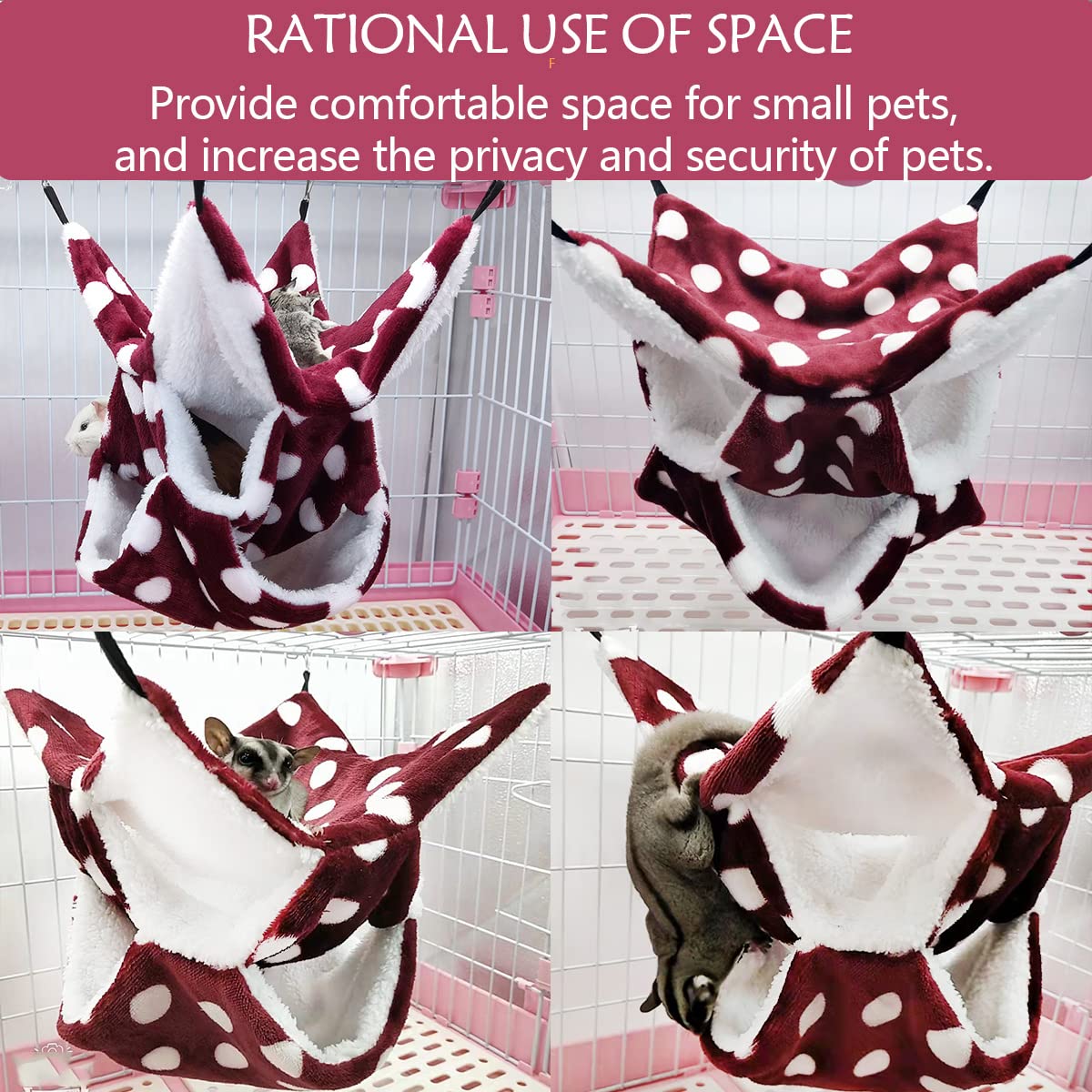 LEFTSTARER Rat Ferret Sugar Glider Cage Hammock Bedding Small Pet Cage Accessories Toy Triple-Layer Hammock Bedding for Hamster Guinea Pig Sugar Glider Rat Ferret Chinchilla Playing Sleeping(Red)