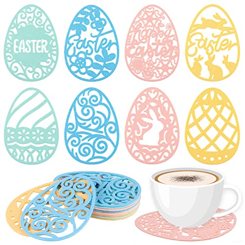 AnyDesign 16 Pack Easter Drink Coasters Non-Woven Easter Egg Cup Mat Pad 8 Design Colorful Hollow Easter Egg Drink Coaster for Mugs Cups Home Kitchen Office Birthday Party Table Dinnerware Decoration