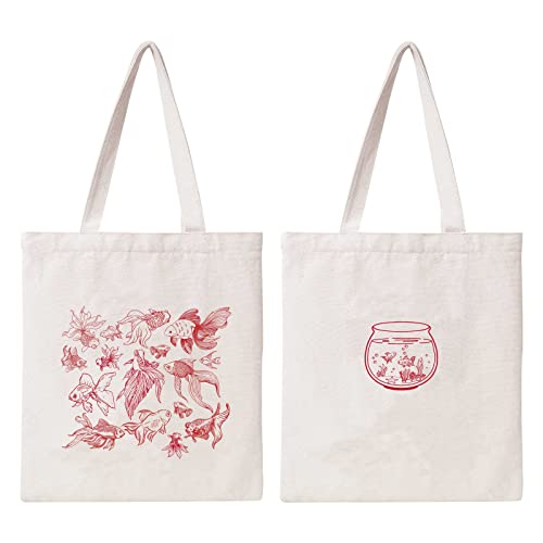 THEYGE Goldfish Canvas Tote Bag Aesthetic Cotton Canvas Bag for Women Girls Gift Cute Fish Tote Bag Book School Shopping Shoulder Bag Beach Bag