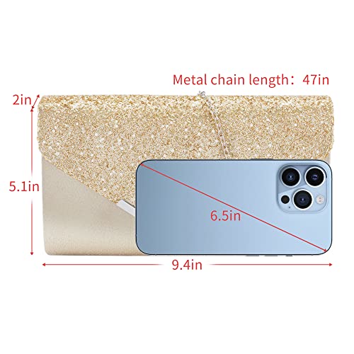 DIGOGO Sequins Flap Evening Purse Envelope Shaped Clutch Purse Chain Crossbody Shoulder Bag for Wedding Party Prom Ball Gold