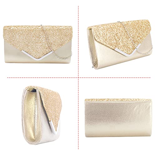 DIGOGO Sequins Flap Evening Purse Envelope Shaped Clutch Purse Chain Crossbody Shoulder Bag for Wedding Party Prom Ball Gold
