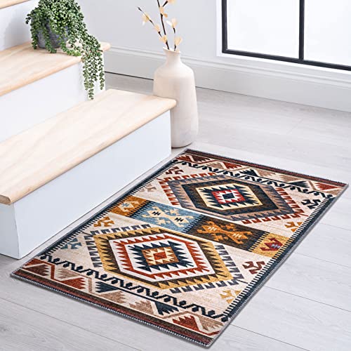 Fashriend Rita Machine Washable Door Mat Small Rug 2'×3' Non-Slip Foldable for Entrance Bedroom Kitchen Moroccan Tribal Vintage Brown Family & Pet Friendly Accent Rug