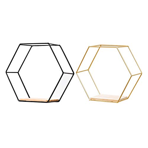 Hexagonal Floating Shelves Wall Mounted Shelf, Rustic Shelves, Metal Wall Shelves for Bedroom,Bathroom,Living Room,Kitchen,Home Office, Wall Plant Holder Flower Pot Planter Stand Home Decor Gold S