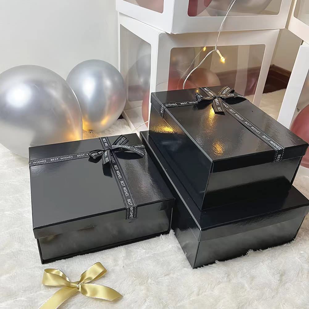 Manoczy Empty Gift Box 9.1×9.1×3.6 inch Folding Cardboard Birthday Present Container Ribbon (Black)