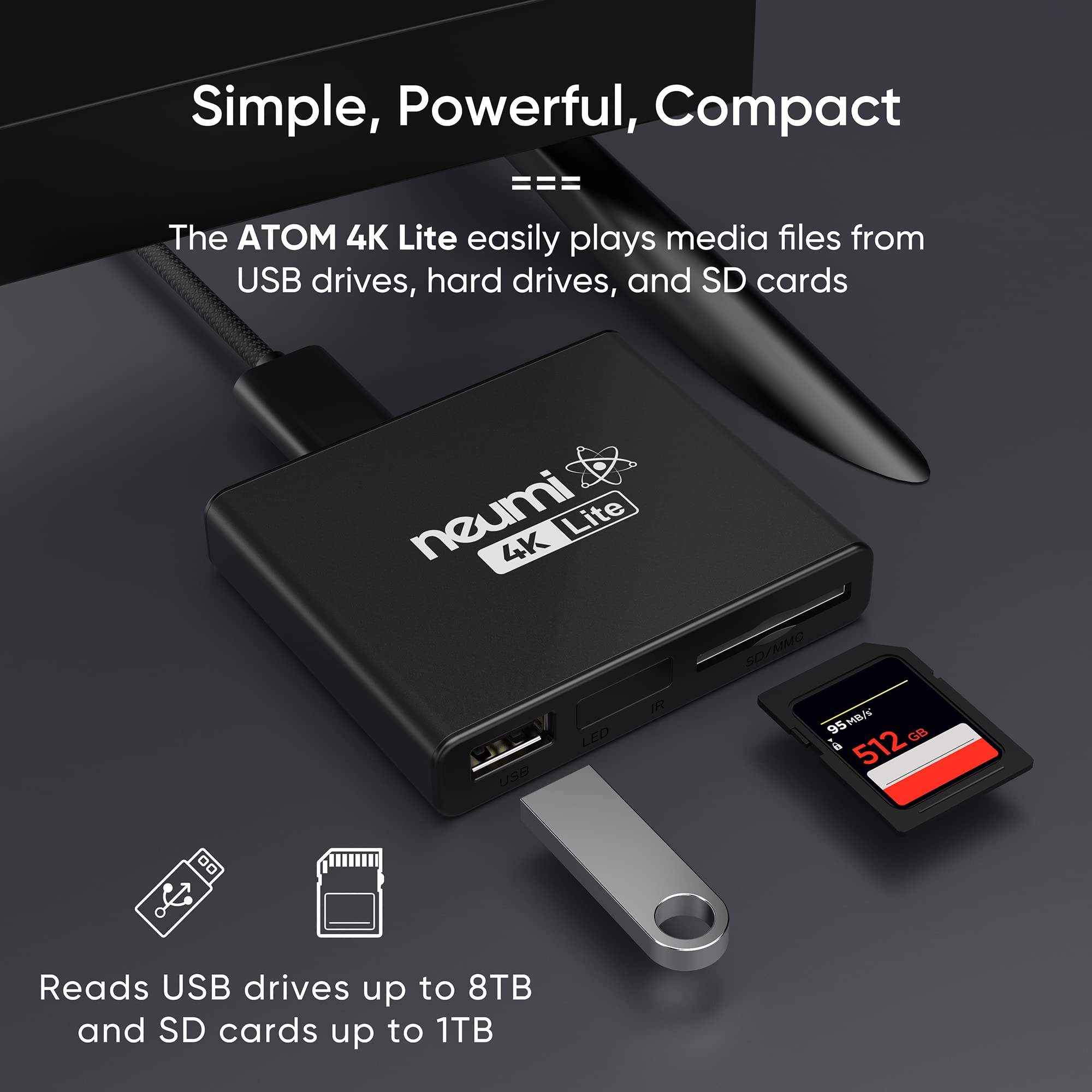 NEUMI Atom 4K Lite Ultra-HD Digital Media Player with Motion Sensor and Push Button Trigger Bundle, Plays 4K/UHD Videos from USB Drives and SD Cards, HEVC/H.265, HDMI, Automatic Playback and Looping